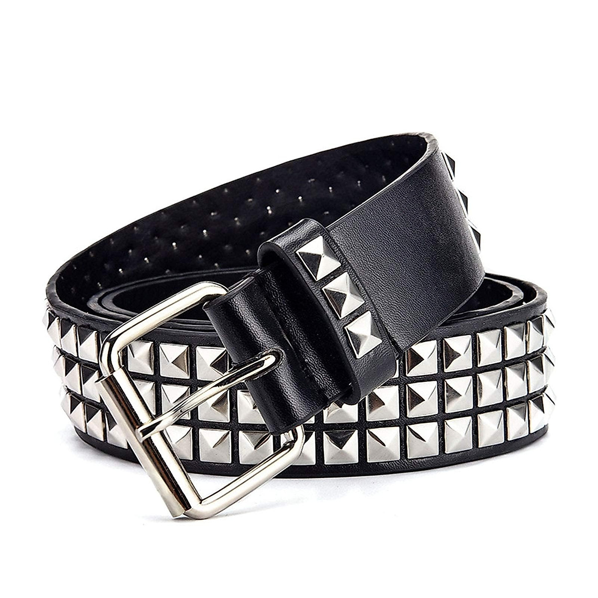 FOCAST Black Studded Belt Punk Rock Rivet Belt Grommet Threads Belt with Bright Metal Pyramid for Women Men (Black, Fit Pant (Black, Fit Pant 27-32 inch)