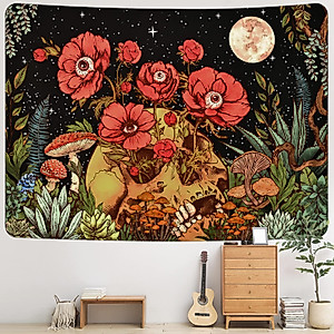 Uspring Skull Floral Tapestry Flowers Skeleton Tapestry Moon Garden Tapestry Mushroom Plants Tapestry Trippy Vintage Tapestry Wall Hanging for Room (59.1 × 82.7 inches)