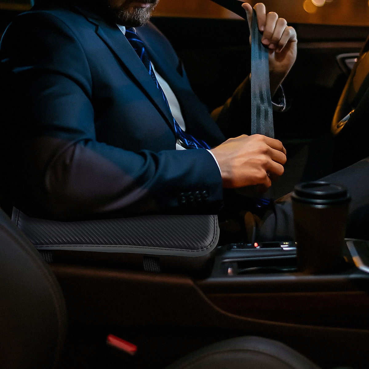 Amiss Car Center Console Pad, Universal Waterproof Car Armrest Seat Box Cover, Car Interior Accessories, Carbon Fiber PU Leather Auto Armrest Cover Protector for Most Vehicle, SUV, Truck, Car (Gray)