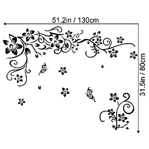 RW-027 Removable Black Vinyl Flower Vines Wall Decal Butterfly Wall Stickers Floral Wall Decor 3D Peel and Stick Art for Girls Bedroom Nursery Living Room Kids Babys Rooms Classroom Wall Decoration