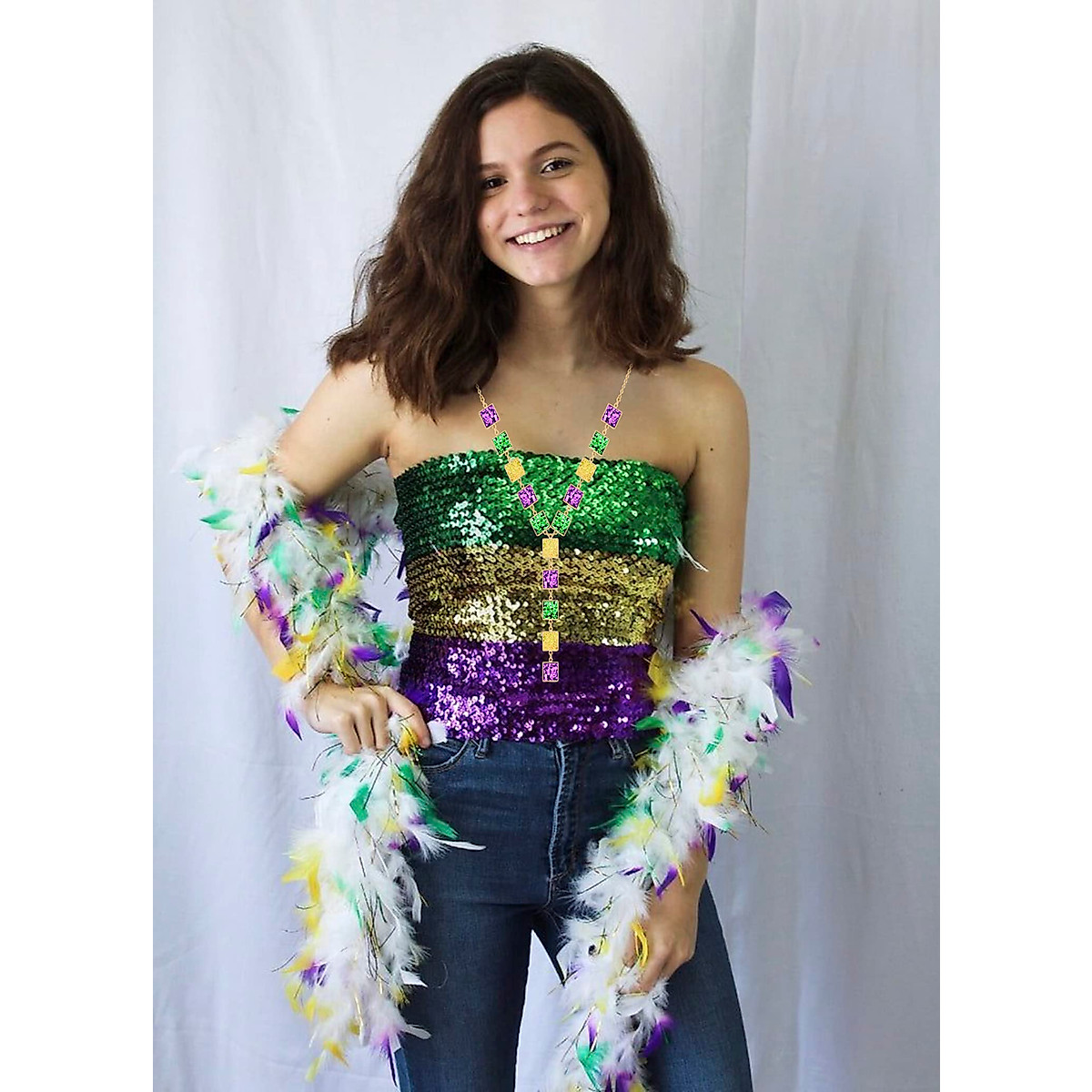 ZOLEAROPY Mardi Gras Necklace Glitter Purple Green Gold Y Drop Necklace for Women Mardi Gras Carnival Parade Party Jewelry Gift (mardi gras Y Necklace)