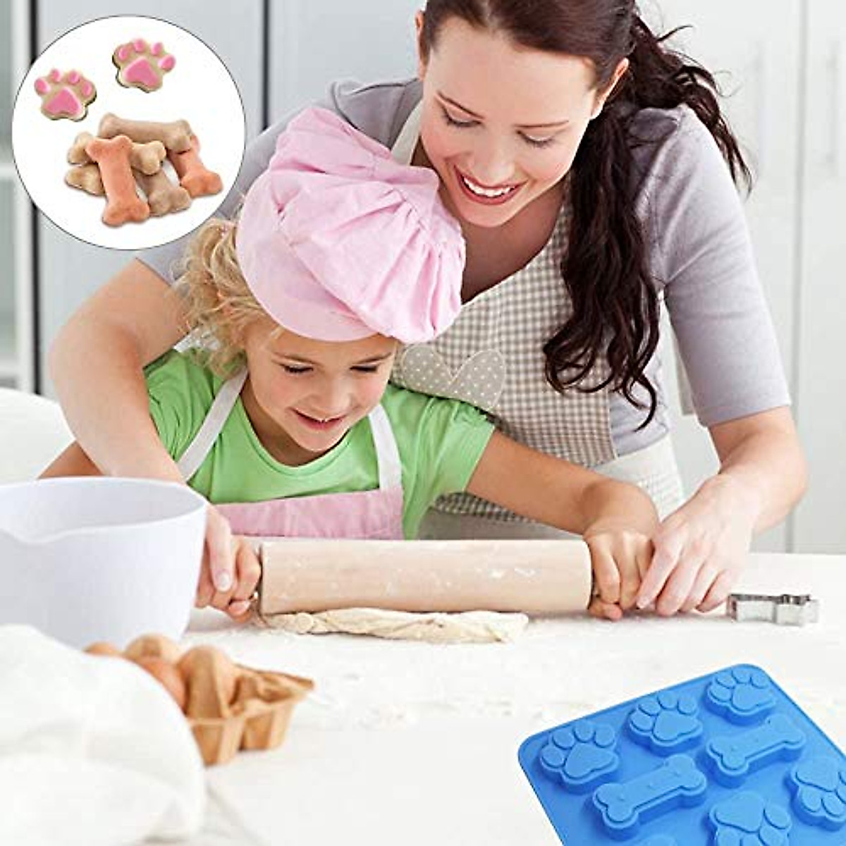 Set of 5, 2 Packs Silicone Molds Puppy Dog Paw & Bone Shaped 2 in 1 and 3 Packs Stainless Steel Bone Cookie Cutter,for Homemade Treats and Cat Animal Paw Ice Candy Chocolate Baking Mold (Blue&Pink)