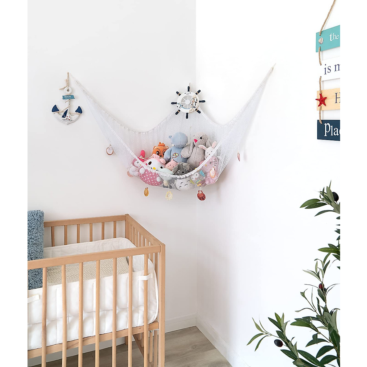 Mkono Stuffed Animal Hammock Toy Storage Nautical Style Hanging Stuff Animals Net Organizer with Shells and Nautical Decor, Large Steering Wheel Fishing Toys Net for Nursery Playroom Kid's Room