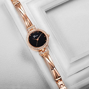 Clastyle Elegante Rose Gold Watch for Women Glitter Crystal Bracelet Watch Black Dial Stainless Steel Ladies Wrist Watches Gift for Her