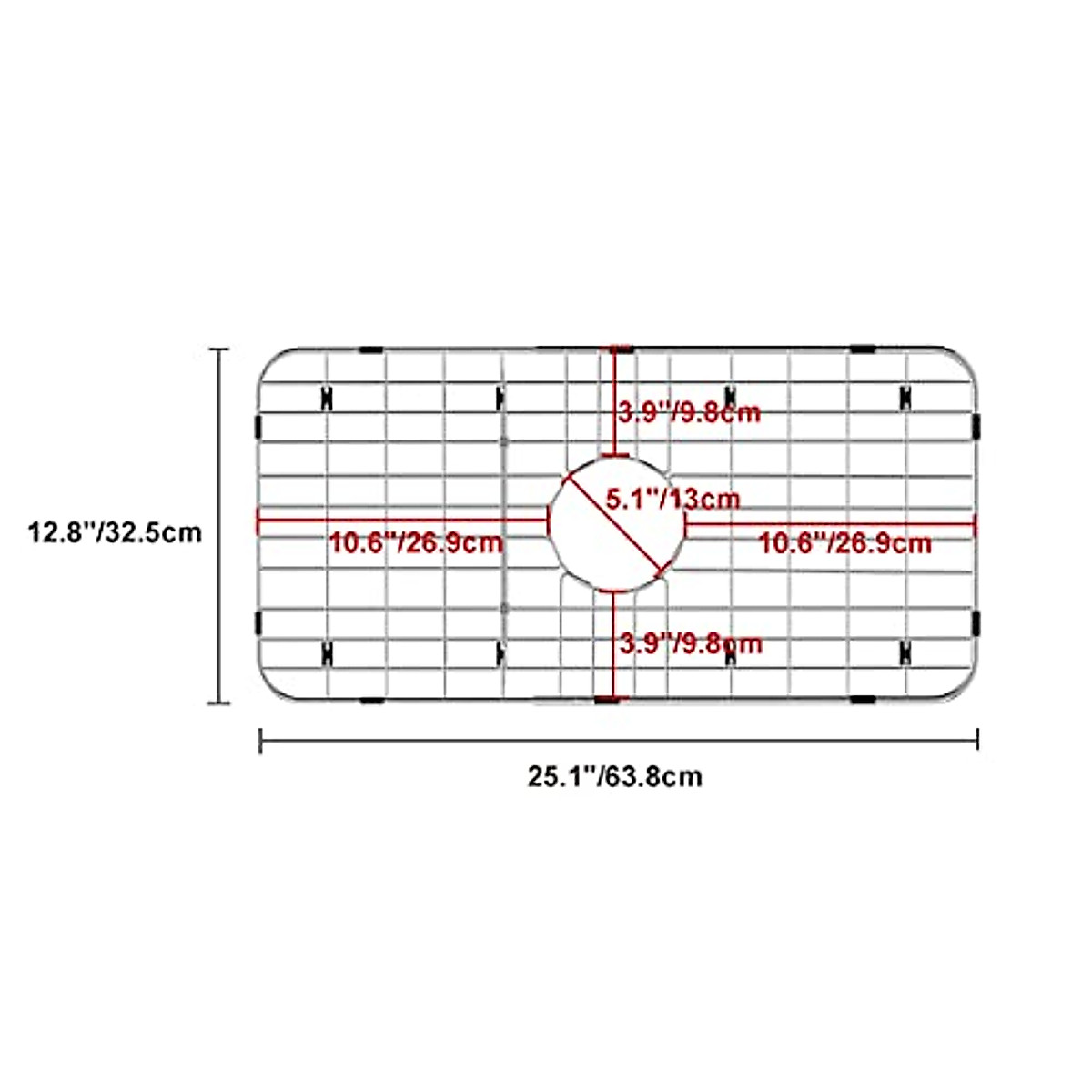 SlimmKISS Sink Protector Sink Grates Stainless Steel Bottom Grid 25" X 12.8", Centered Drain with Corner Radius, Metal Sink Grate Protector