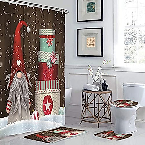 Stylish Christmas Shower Curtains for Bathroom, Christmas Cartoon Gnome Gift Bathroom Shower Curtain Set with Mat Rug 12 Hooks