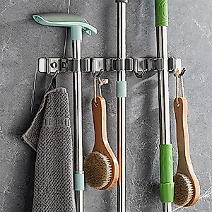 FULGENTE Broom Mop Holder, Wall Mount Storage Cleaning Tools Organizer for Laundry Garage Garden Bath Kitchen, Screw-In Heavy Duty Stainless Steel Utility Rack Hanging Shelf (3 Racks 4 Hooks)