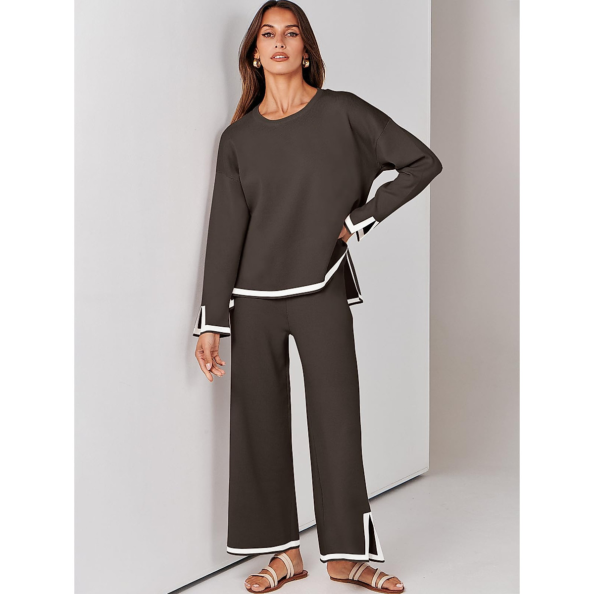 ANRABESS Women's Two Piece Outfits Long Sleeve Knit Pullover Sweater Tops & Wide leg Pants Casual Lounge Matching Sweatsuit Tracksuits Sets Coffee Large