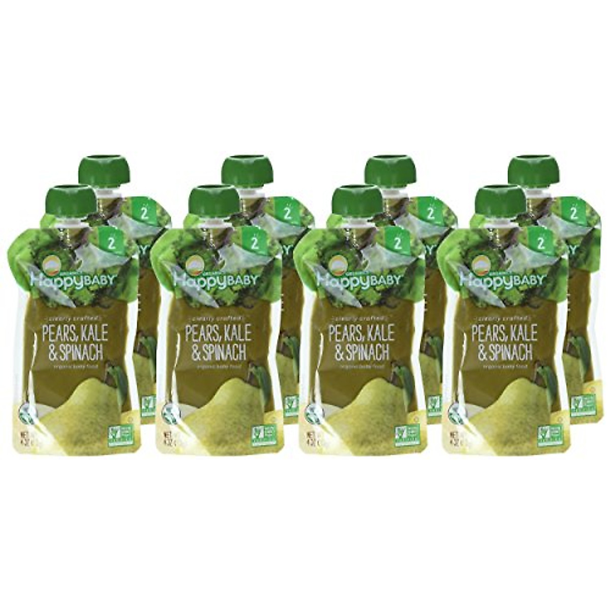 Happy Baby Organics Stage 2 Baby Food Pouches, Gluten Free, Vegan & Healthy Snack, Clearly Crafted Fruit & Veggie Puree, Pears Kale & Spinach, 4 Ounces (Pack of 8)