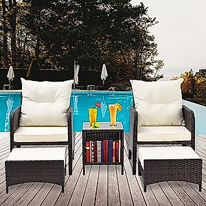 Koruiten 5 Pieces Wicker Patio Furniture Sets, PE Rattan Outdoor Table and Chairs Conversation Set, Outside Furniture with Cushions and Ottomans for Balcony Porch Lawn Garden (White)