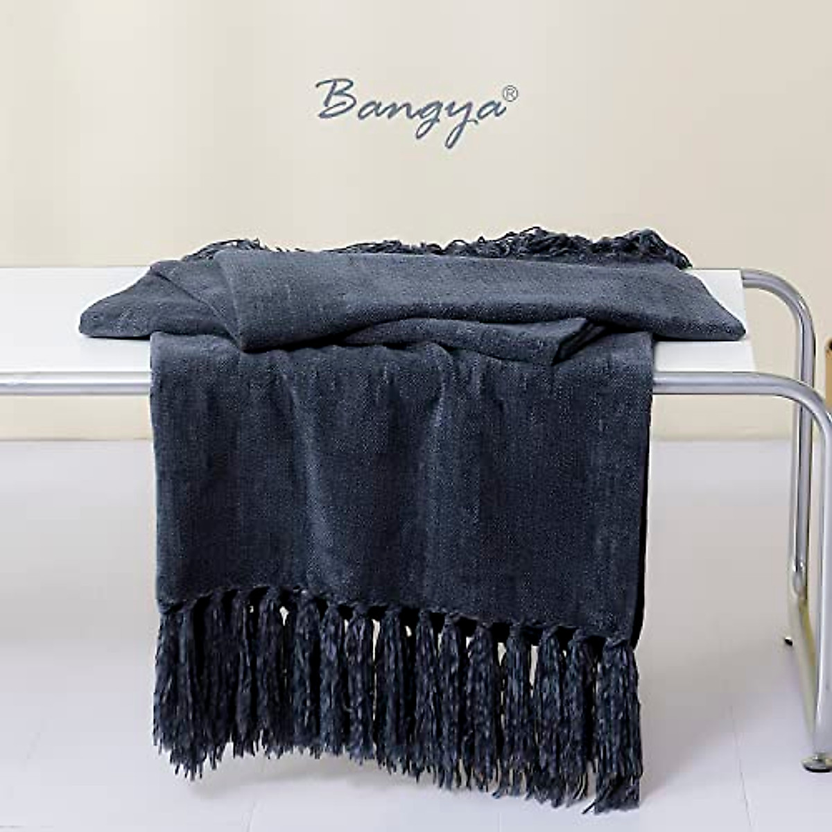 Bangya Navy Chenille Throw Blanket Soft Cozy Woven Fringe Tassel Throw for Sofa Couch Bed Living Room (Navy,50" X 60")