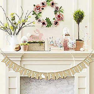 Burlap Happy Easter Banner | Rustic Easter Celebration Decorations | Happy Easter Bunting Garland with Rabbit Bunny Sign | Easter Party Decor Photo Props