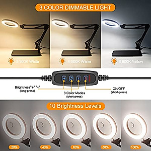 Magnifying Glass with Light and Stand, EOOKU 2-in-1 Magnifying Lamp & Clamp, 5X & 10X Magnifier 3 Color Modes Stepless Dimmable, Adjustable Swing Arm for Repair Crafts Soldering