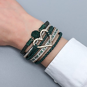 hotoo Leather Wrap Bracelet for Women Green Beaded Cuff Bracelet with Heart-shape Decor Bohemian Crystal Bracelet Jewelry with Clasp Bangle Bracelet for Women Birthday Holiday Gift