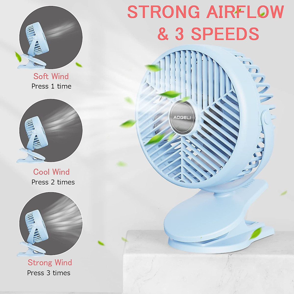 AOGELI Portable Fan,Small Clip on Fan,Clip Fan for Bed,Mini Desk Fan,10000 mAh Rechargeable Battery Operated Fan,3 Speeds Personal Fan,360°Rotate Clip Fan for Stroller Golf Cart Travel Camping Blue