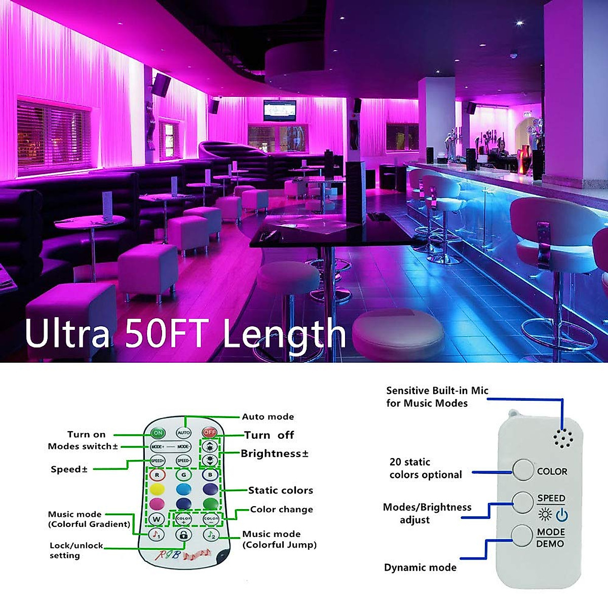 50Ft LED Strip Lights Music Sync Color Changing RGB LED Strip with Remote, Sensitive Built-in Mic, App Controlled LED Lights Tape Lights, 5050 RGB LED Light Strip (APP+Remote+Mic+3 Button Switch)