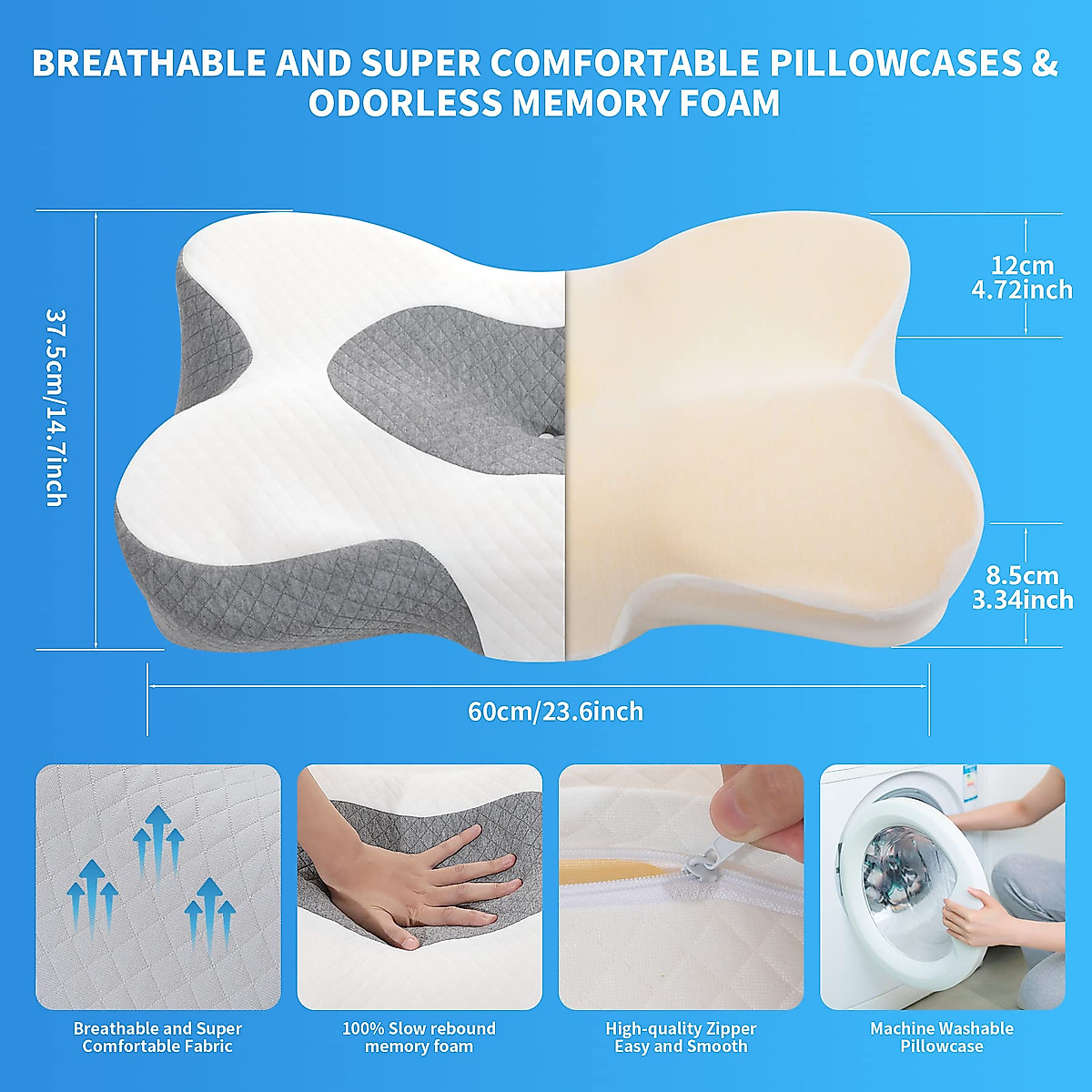 Home4me Cervical Pillow Memory Foam Pillow for Neck and Shoulder Pain Relief, Contour Orthopedic Pillows for Back or Stomach Sleepers, Solving Shortness of Breath and Stiffneck for Side Sleeping