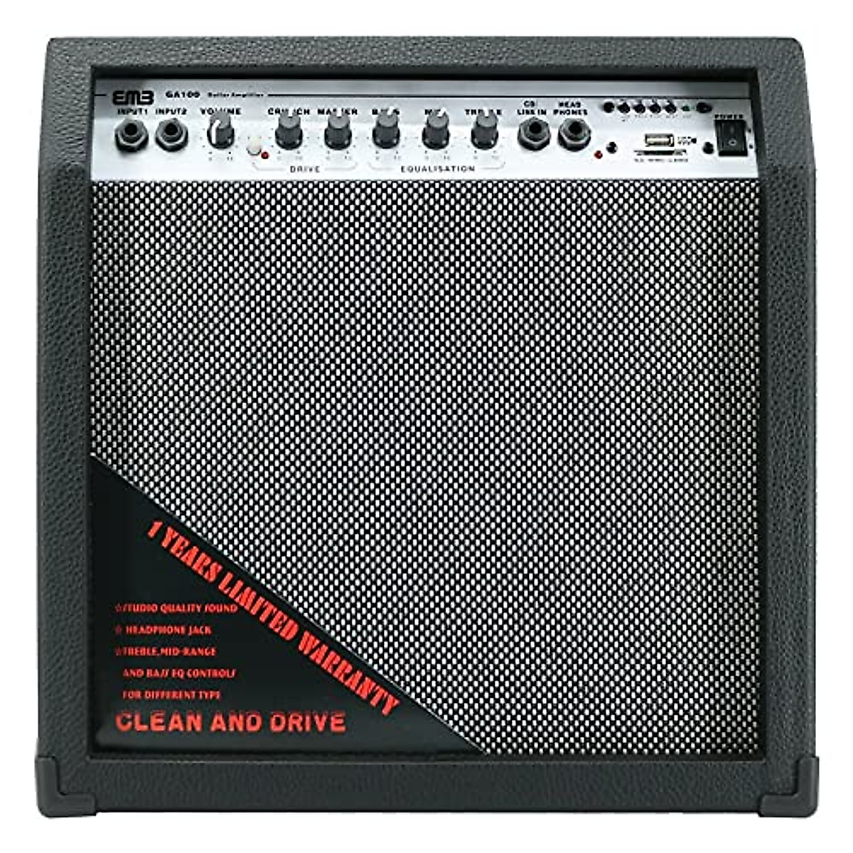 EMB GA100 500W 10" Electric Guitar Amplifier Speaker Portable Powerful Studio and Stage Cabinet PreAMP – with Built in Headphone Jack and 2 Inputs and SD USB AUX Bluetooth (Black)