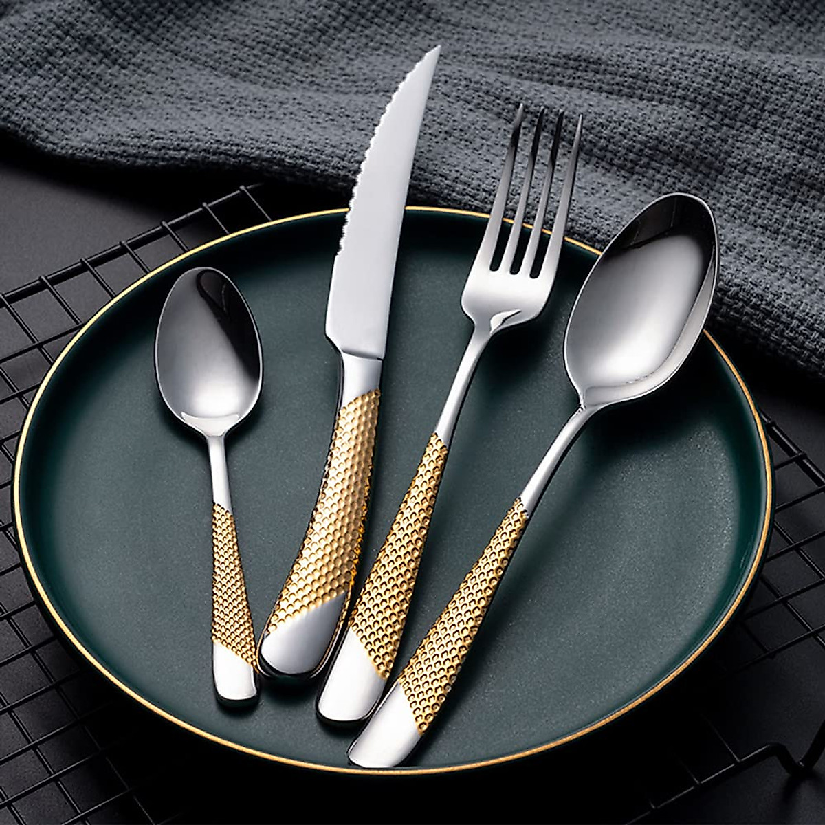 Gold Hammered Silverware Set for 6 Modern Cutlery Utensils 18/10 Stainless Steel Flatware Set 24 Piece Include Knives Forks and Spoons Tableware Set for Home Kitchen Wedding Restaurant Party (Color :