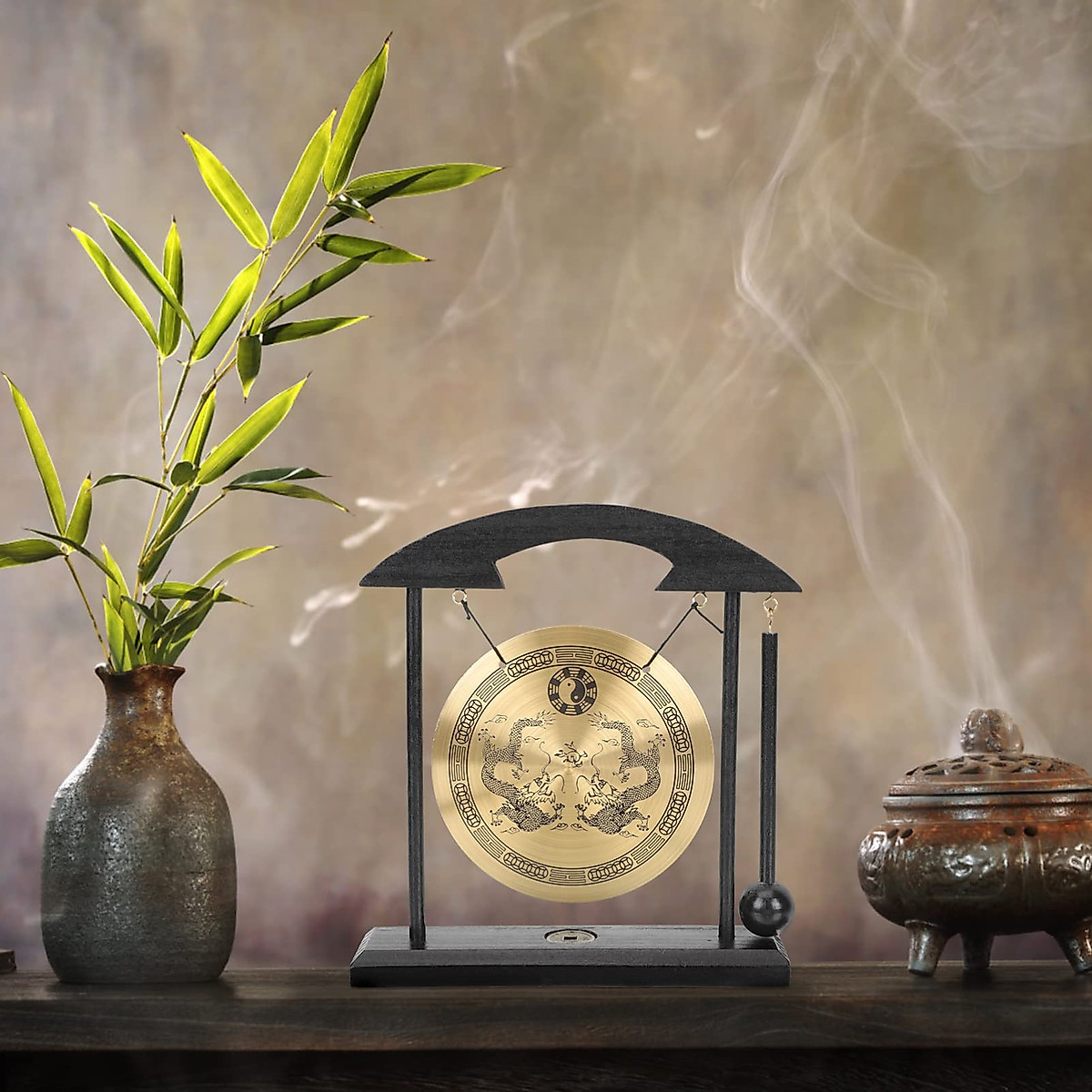 Yardwe Chinese Gong with Stand Gong Vintage Zen Table Gong Taiji Symbol Feng Shui Meditation Desk Bell Asian Gong Bell for Home Decoration