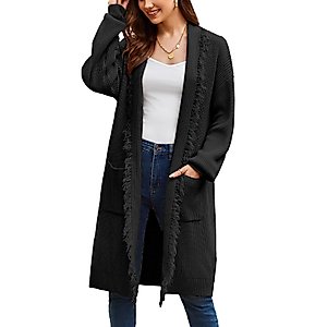 Women's Open Front Knit Cardigans Lapel Long Lantern Sleeve Chunky Knit Sweater Coat Cozy Slouchy Cardigan with Pockets(Black,XL)