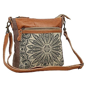 Myra Bag Dizzy Circle Upcycled Canvas & Leather Small Crossbody Bag S-1556, Brown,