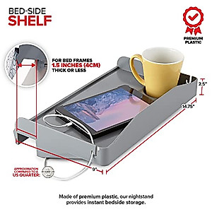 Modern Innovations Bedside Shelf for Bed, College Dorm Room, Bunk Bed Shelf for Top Bunk, Clip On Nightstand Tray with Cord and Cup Holder, Bunkbed Caddy for Table Storage (Dark Gray)