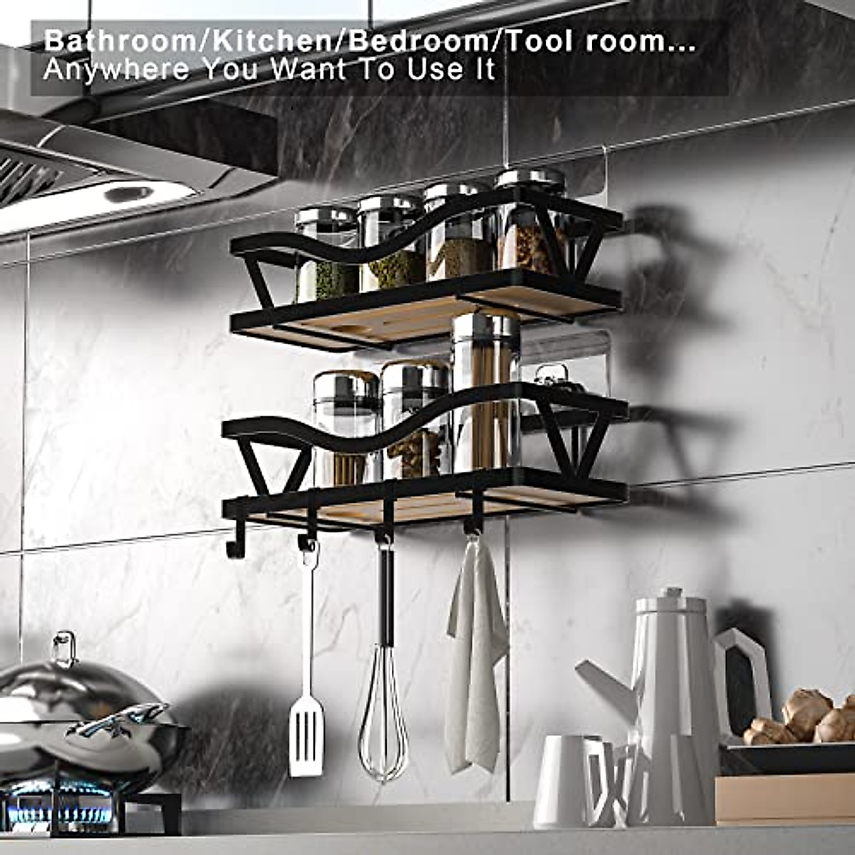 Shower Caddy Organizer, Natural Bamboo Shower Shelves with 4 Hooks, No Drilling Rustproof Stainless Steel Shower Organizer for Inside Shower & kitchen organization and storage, Matte Black, Set of 2