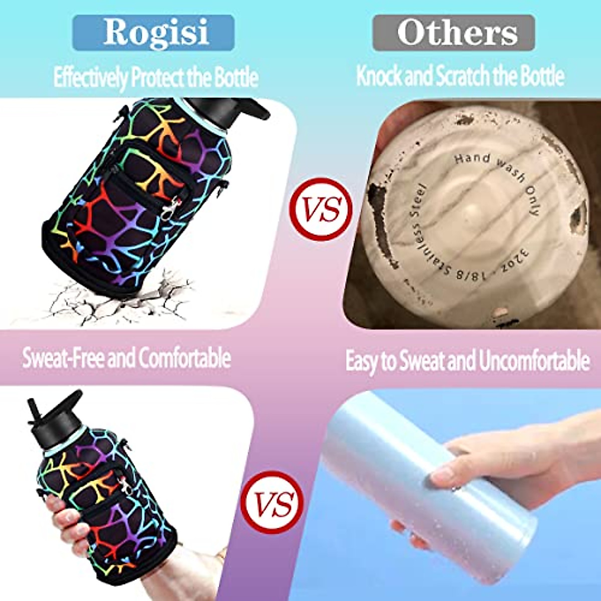 Insulated Half Gallon Water Bottle with Straw, Sleeve & 2 Lids, Rogisi 64oz Stainless Steel Gallon Water Jug Wide Mouth Vacuum Metal Thermo Mug with Carrier Keep Cold for 48 Hrs or Hot for 24 Hrs