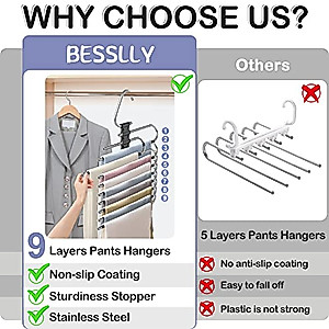 Upgrade 9 Layers Pants Hangers Space Saving, 2 Pack Non Slip Stainless Steel Multifunctional Pants Rack Closet Pant Hanger Organizer with Hooks for Pants Jeans Trousers Dorm Room Essentials, Black