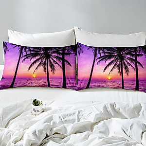 Palm Trees Bedding Set Tropical Seaside Duvet Cover Kids Boys Girls Ocean Sealife Comforter Cover Hawaiian Sunset Scenery Purple Decor Bedspread Cover with 2 Pillowcases 3Pcs Bedding Full