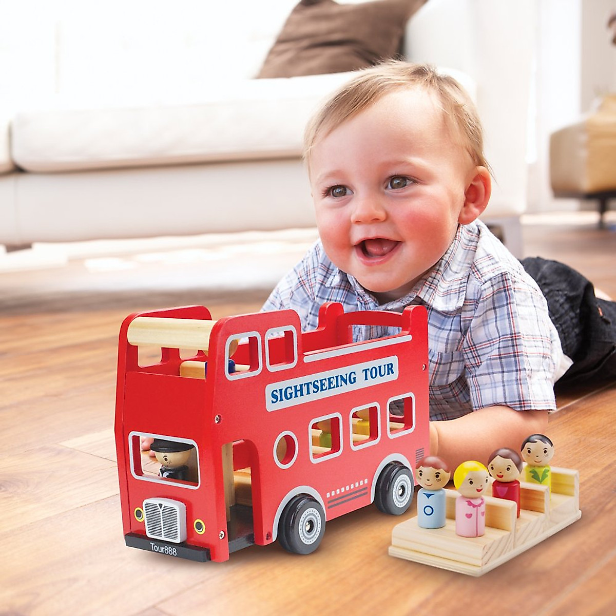 Imagination Generation Wooden Wheels Natural Beechwood Chunky Cars and Vehicles for Children +12 Months | Double Decker Bus