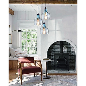 CASAMOTION Pendant Lights Kitchen Island Table Hand Blown Blue Glass Pendant Lighting Dining Room Black Marble Seeded Modern Ceiling Hanging Fixtures Brushed Nickel 8.2 Inch Height 3 Pack