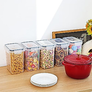 Moretoes 5 Pack 1.6L Airtight Food Storage Containers, 1.5qt Plastic Storage Boxes for Organiziting Kitchen with labels and Measuring Bottles, for Cereals, Beans,Sugar, Flour
