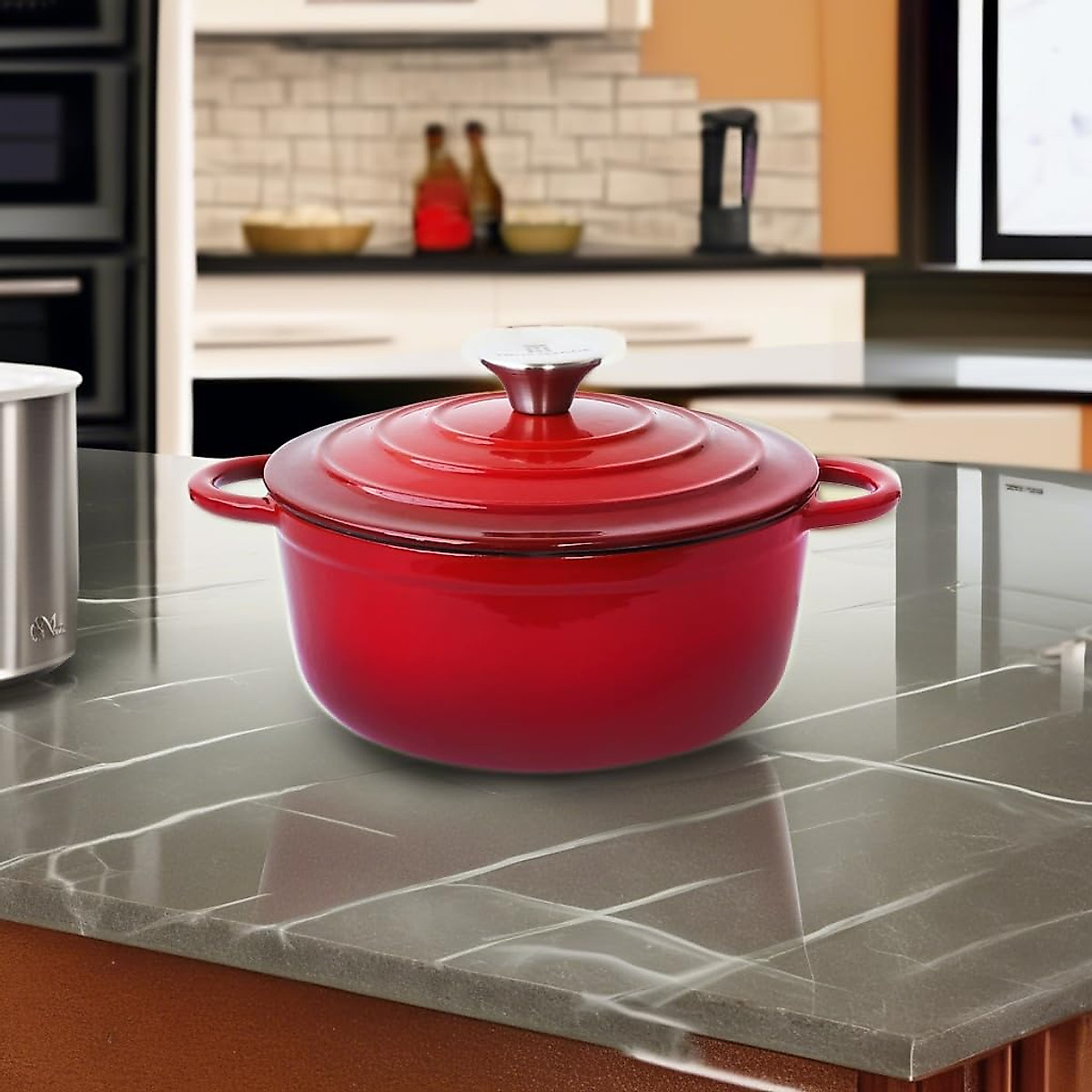 Trustmade 3 QT Cast Iron Dutch Oven, Enamel Coated Cookware Pot with Self Basting Lid for Home Baking, Braiser, Cooking, Red