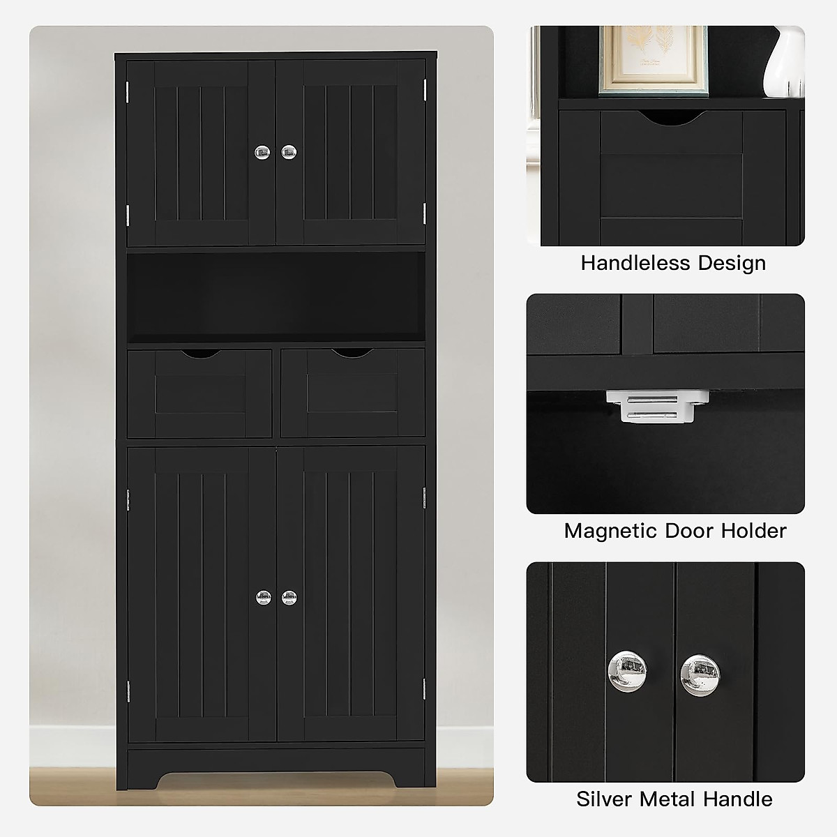 Quimoo Tall Storage Cabinet, Bathroom Cabinet with Drawers & Adjustable Shelves, Bathroom Storage Cabinet for Living Room, Kitchen, Black