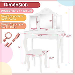 AKUSTIK Kids Vanity with Lights, 2 in 1 Wooden Dressing Table and Chair Set with Tri-Folding Mirror, Stool, Storage Drawer, Toddlers Pretend Princess Beauty Playset Toy Gift for Little Girls