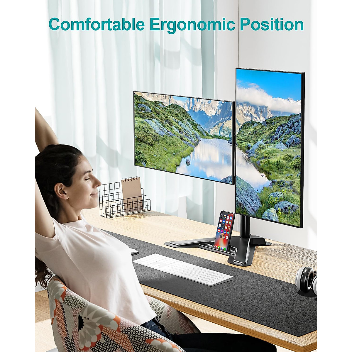 MOUNT PRO Dual Monitor Stand - Free Standing Full Motion Monitor Desk Mount Fits 2 Screens up to 27 inches,17.6lbs with Height Adjustable, Swivel, Tilt, Rotation, VESA 75x75 100x100