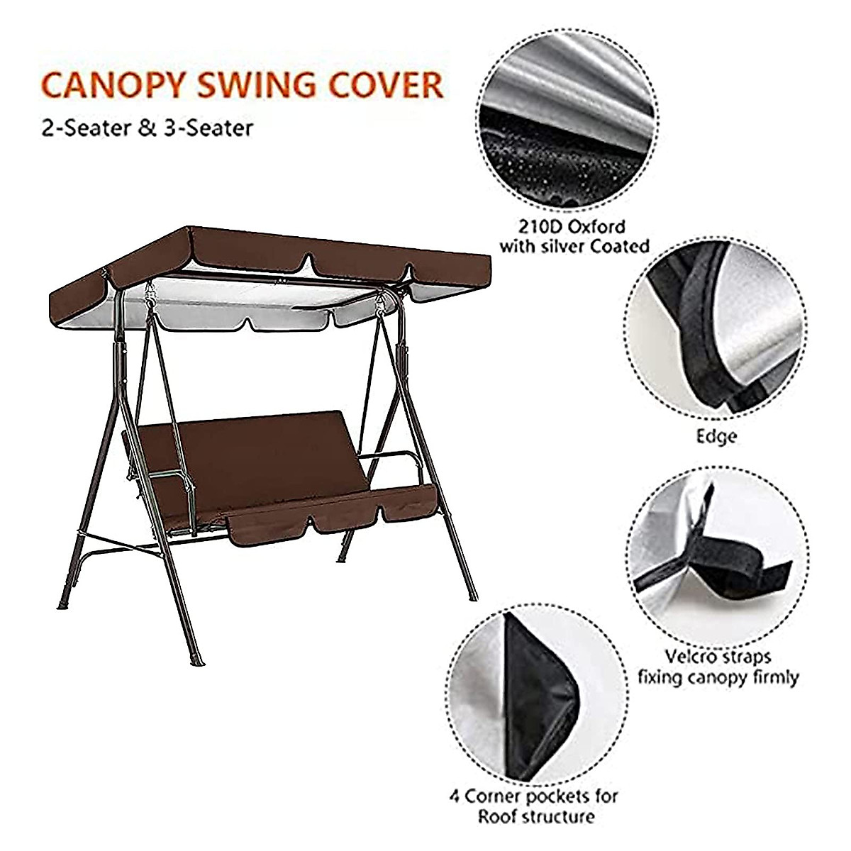 Patio Swing Canopy Waterproof Top Cover Cloth, 420D Replacement Canopy Cover for 2/3-Seater, Outdoor Sunproof Chair All Weather Protection Porch Swings
