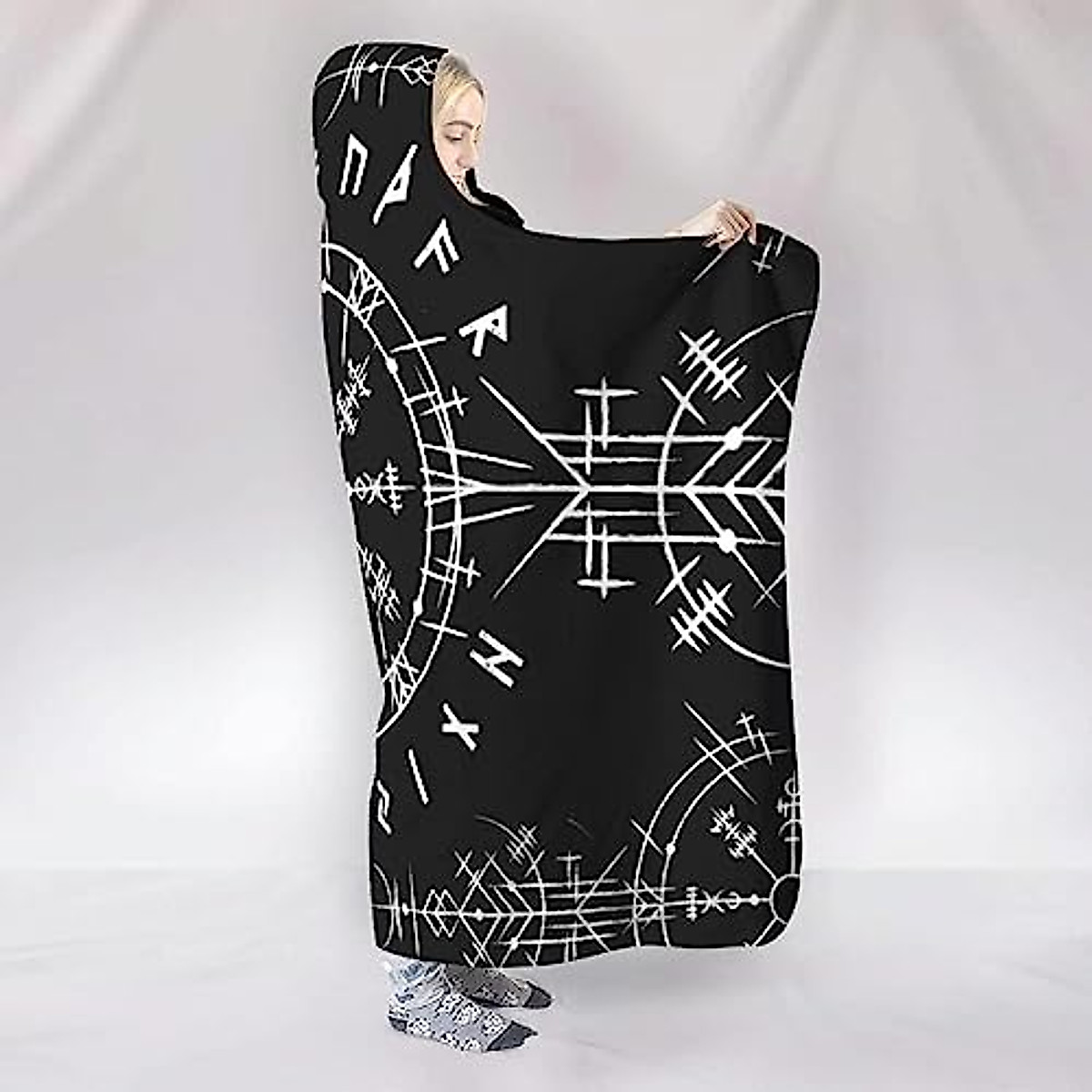 Viking 3D Printing Hooded Blanket Keeps Warm And Soft Viking Vegvisir Compass Unisex Winter Wearable Hooded Blanket Double Thickened Plush Wool Blanket ( Color : Blanket , Size : 80x60in/150x200cm )