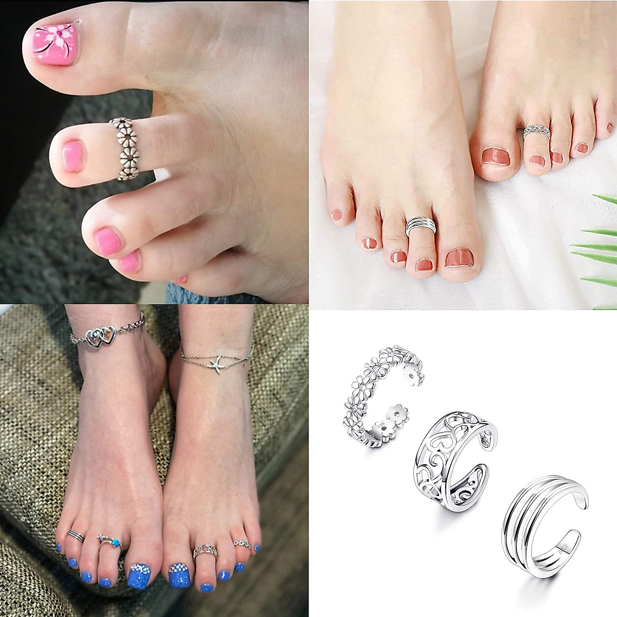MILACOLATO 3Pcs 925 Sterling Silver Toe Rings for Women 18K White Gold Plated Daisy Cuff Band Open Toe Rings Adjustable Toe Rings Summer Beach Foot Jewelry