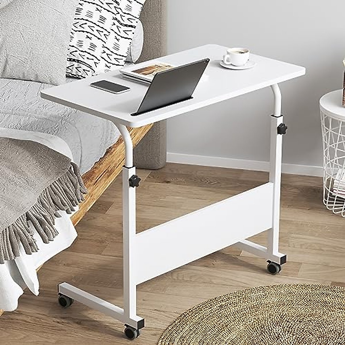 DlandHome Rolling Desk Adjustable Standing Desk, Mobile Side Table 31.4 Inches w/Wheels Adjustable C Table Movable Portable Laptop Computer Stand for Bed Sofa,White