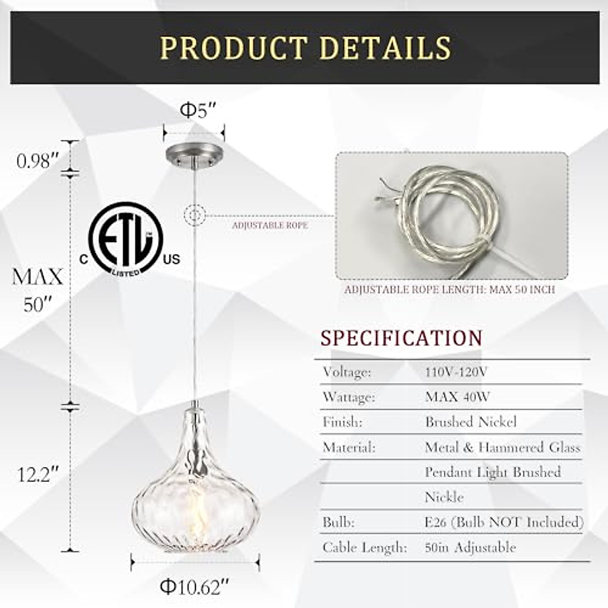 CATINER Glass Pendant Light Brushed Nickel 11-inch Hammered Pendant Lighting for Kitchen Island, Kitchen Sink, Hallway, Living Room