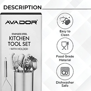 Avador® Premium Set of 10 Stainless Steel Kitchen Tool Set with Holder Easy To Clean, Space Saving, Great for Cooking, Baking, Prepping