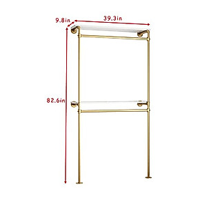 DR.IRON Gold Pipe Clothing Racks with 2 Tier Shelves, Wall Mounted Gold Clothes Rack with Double Hanging Rods Heavy Duty Garment Storage Rack Display Racks Rod for Clothes,Laundry Room