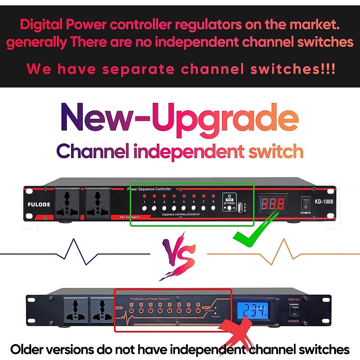 FULODE 10 Outlet Power conditioner -8 Independent Switch Rack power, Power conditioner rack mount Audio power conditioner Regulator w/Voltage Readout, With USB,Surge Protector (KD-1008)