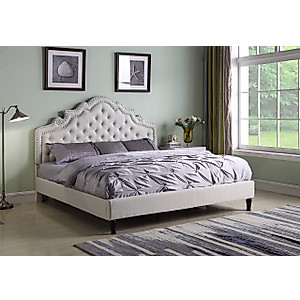 HomeLife Premiere Classics 51" Tall Platform Bed with Cloth Headboard and Slats - Queen (Light Beige Linen)