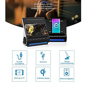 Azpen Dockall D100 - Qi Wireless Charger, Bluetooth Premium Speakers, Docking Station with Built in Mic Handsfree call, 3 in 1 Station for iPhone and Samsung phone