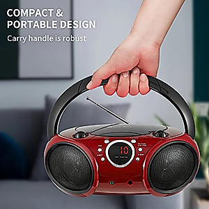 SINGING WOOD 030B Portable CD Player Boombox with Bluetooth for Home AM FM Stereo Radio, Aux Line in, Headphone Jack, Supported AC or Battery Powered (Firemist Red)
