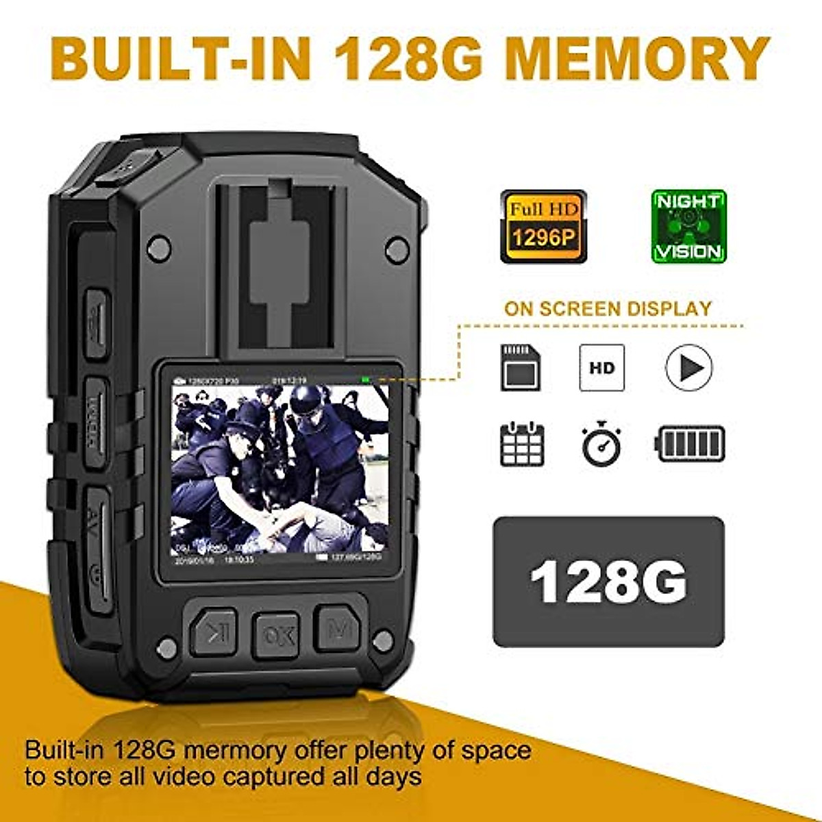 CammPro I826 1296P HD Police Body Camera,128G Memory,Waterproof Body Worn Camera,Premium Portable Body Camera with Audio Recording Wearable,Night Vision,GPS for Law Enforcement